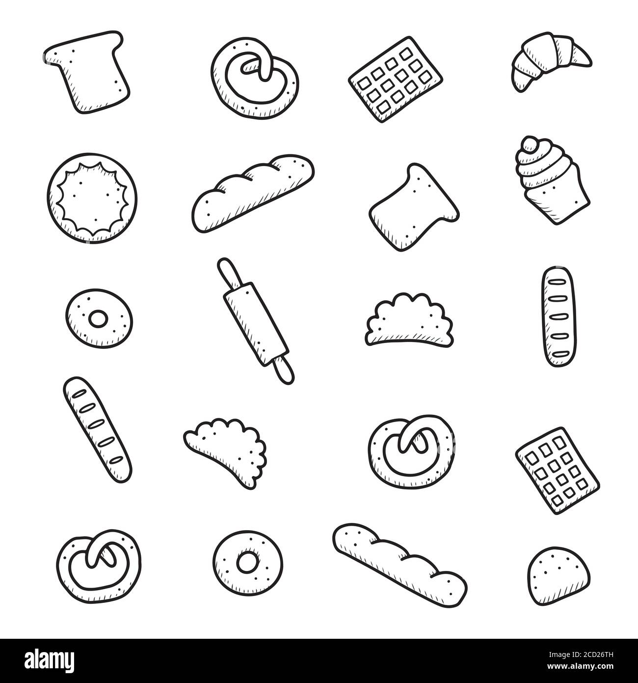 Handgezeichnetes Set aus Backwaren und Backelementen, Brot, Gebäck ...