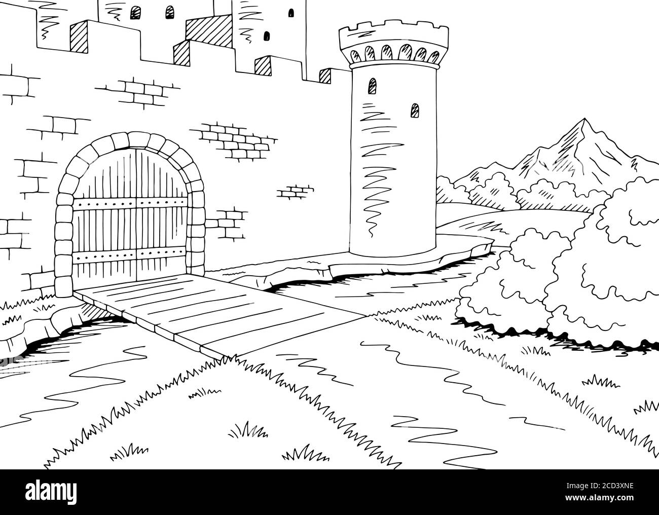 Burg Tor Grafik schwarz weiß Landschaft Skizze Illustration Vektor ...