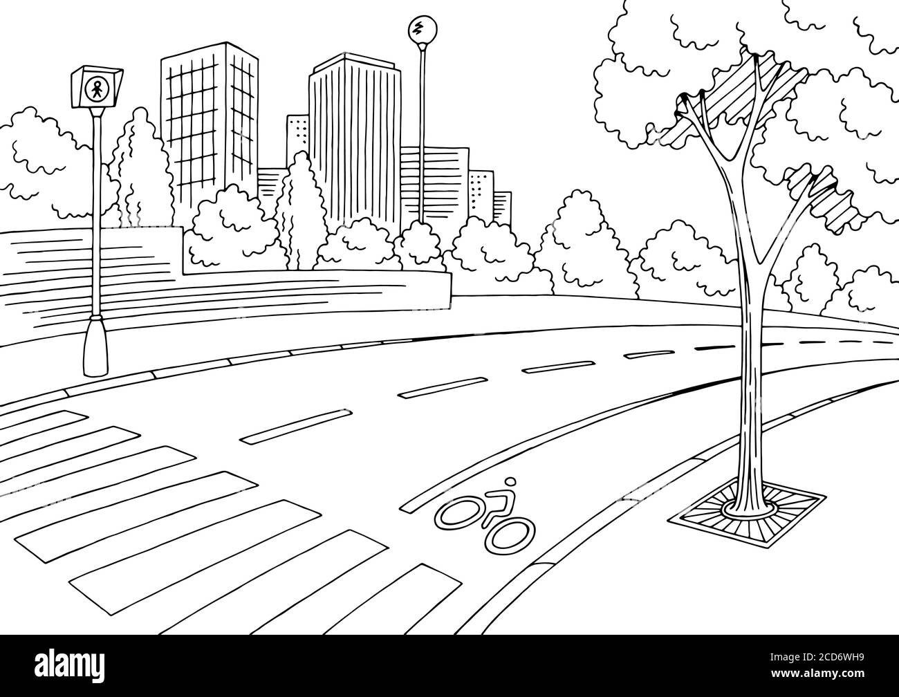 Straße Straße Grafik schwarz weiß Stadt Landschaft Skizze Illustration ...