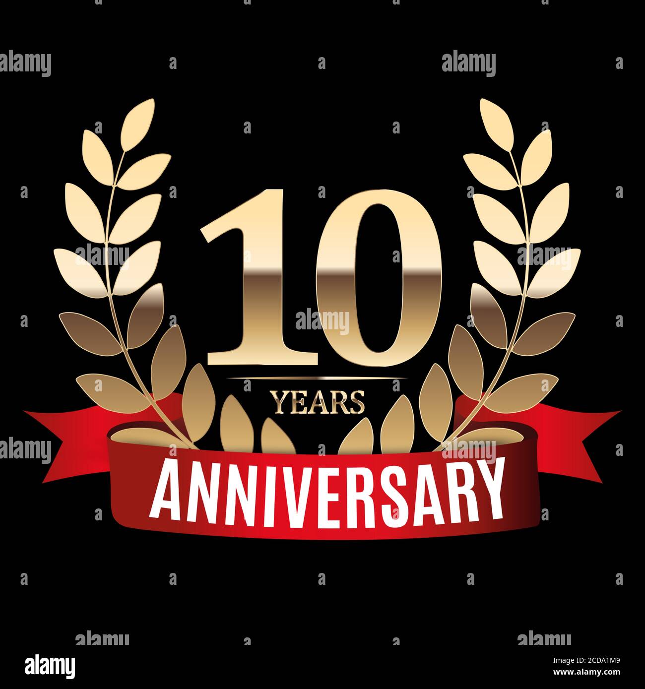 10 Jahre Jubiläum Goldene Schablone mit rotem Band und Lorbeer Vektor ...