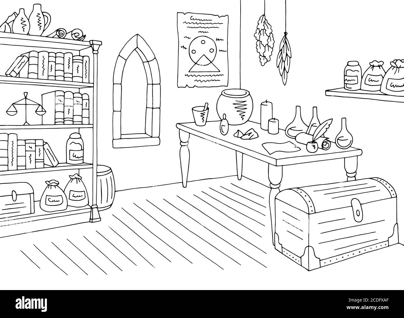 Alchemical Labor Grafik schwarz weiß Innenraum Skizze Illustration ...