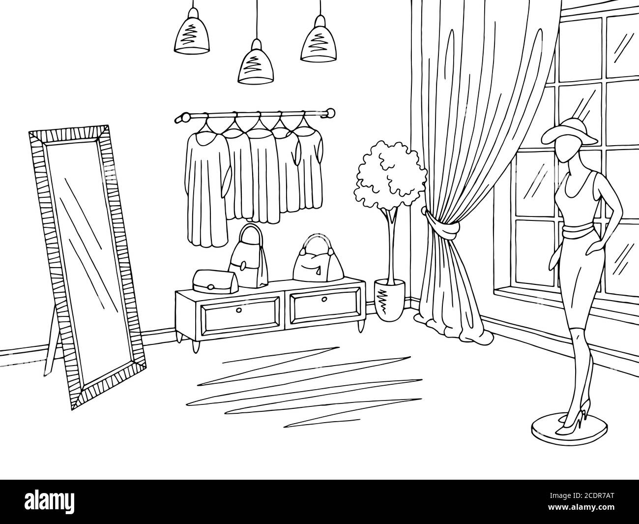 Shop Interior Grafik schwarz weiß Boutique Store Skizze Illustration ...