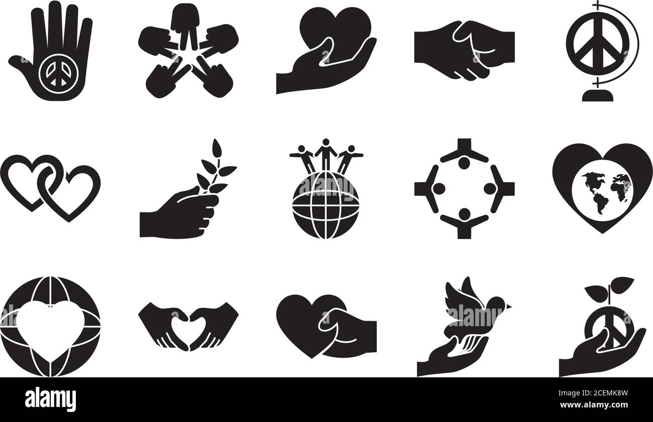 Icon Set von Frieden und Herzen auf weißem Hintergrund, Silhouette Stil ...