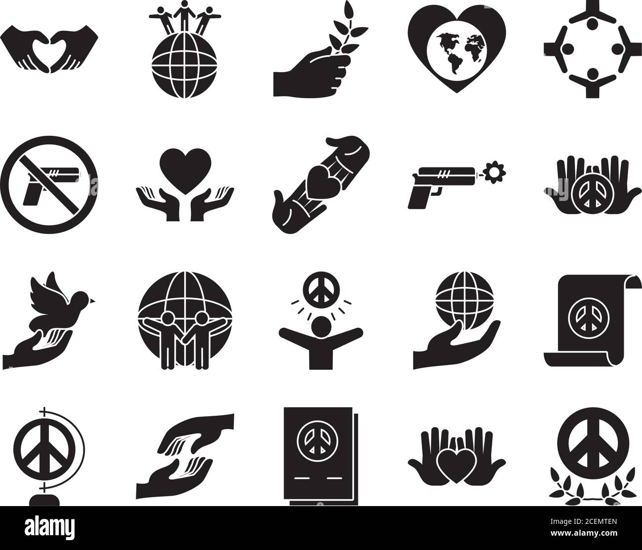 Icon Set von Frieden und Taube auf weißem Hintergrund, Silhouette Stil ...