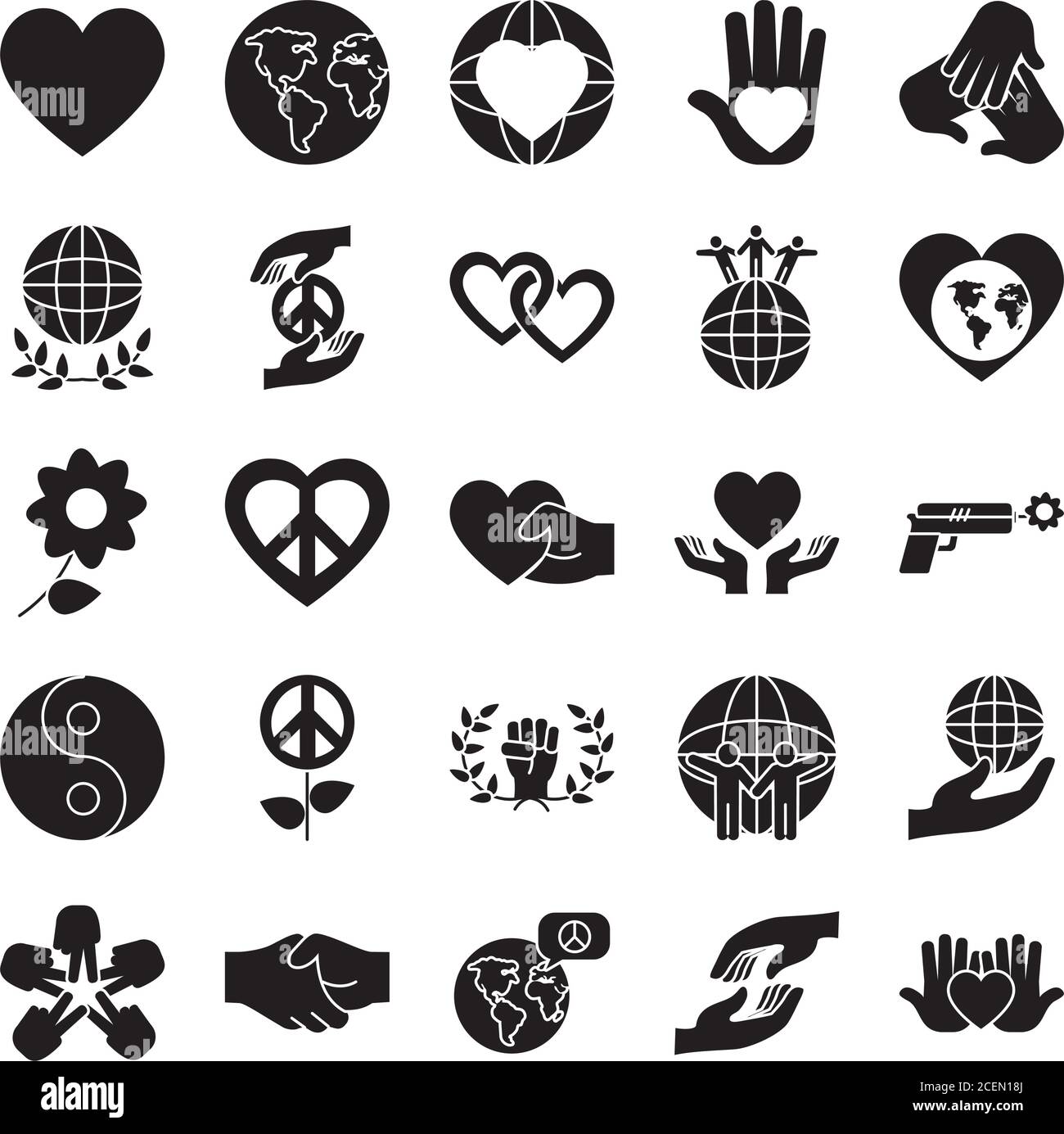 Icon Set von Blumen und Frieden auf weißem Hintergrund, Silhouette Stil ...