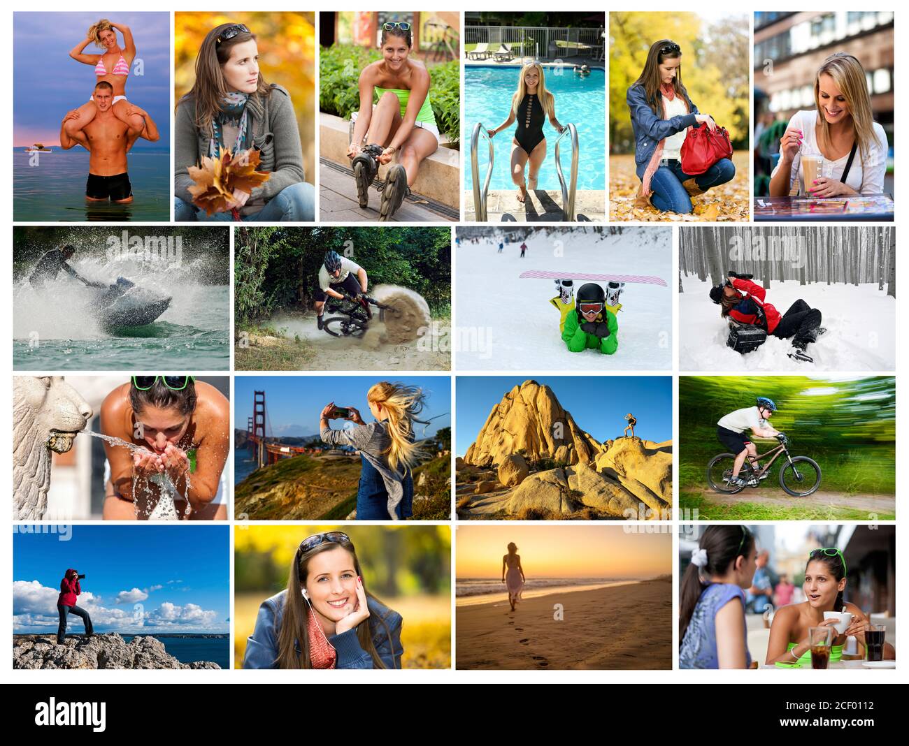 Ein vielfältiges Set oder Collage von Menschen, die den Urlaub aktiv ...