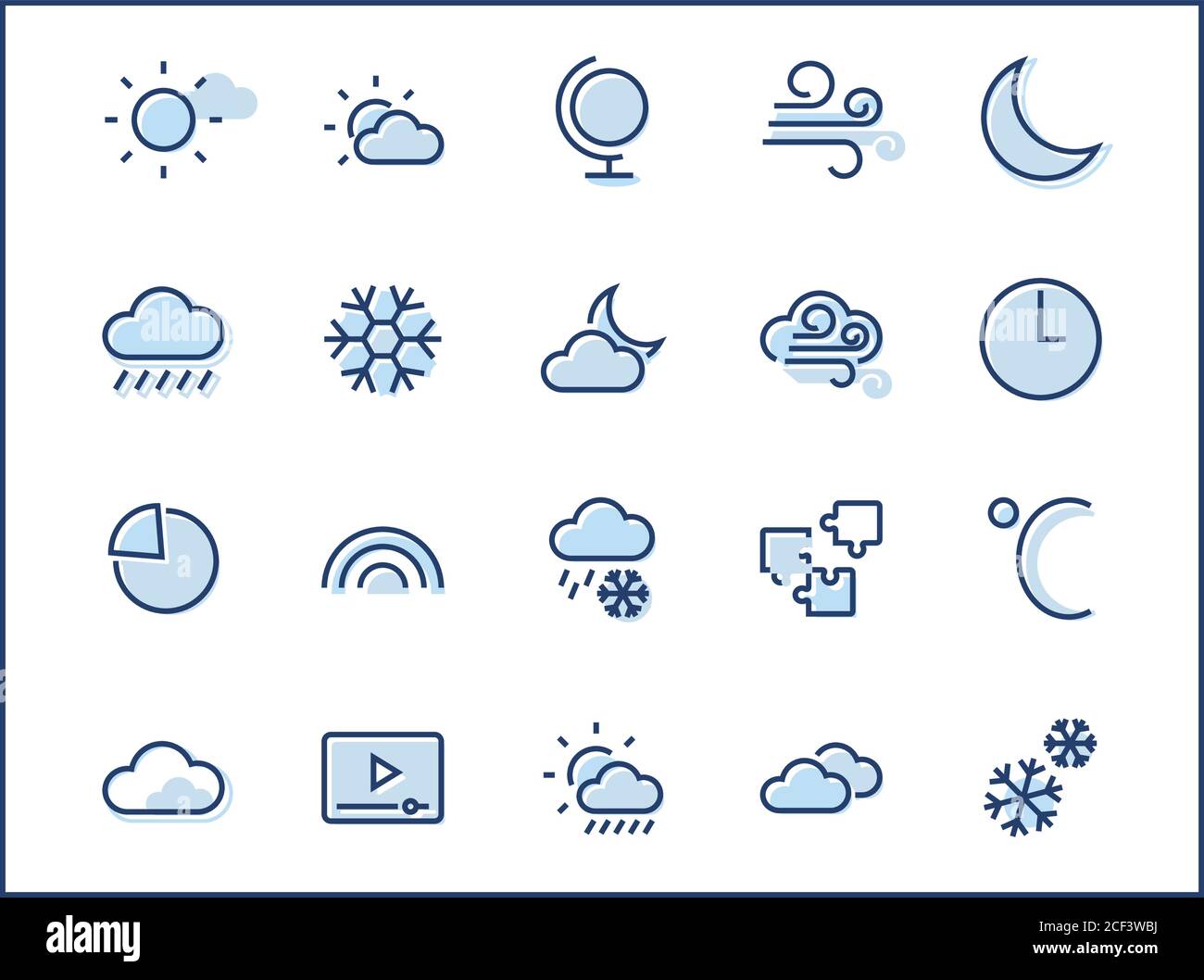 Satz von Symbolen für Wettervektor-Linien. Enthält Symbole für Sonne ...