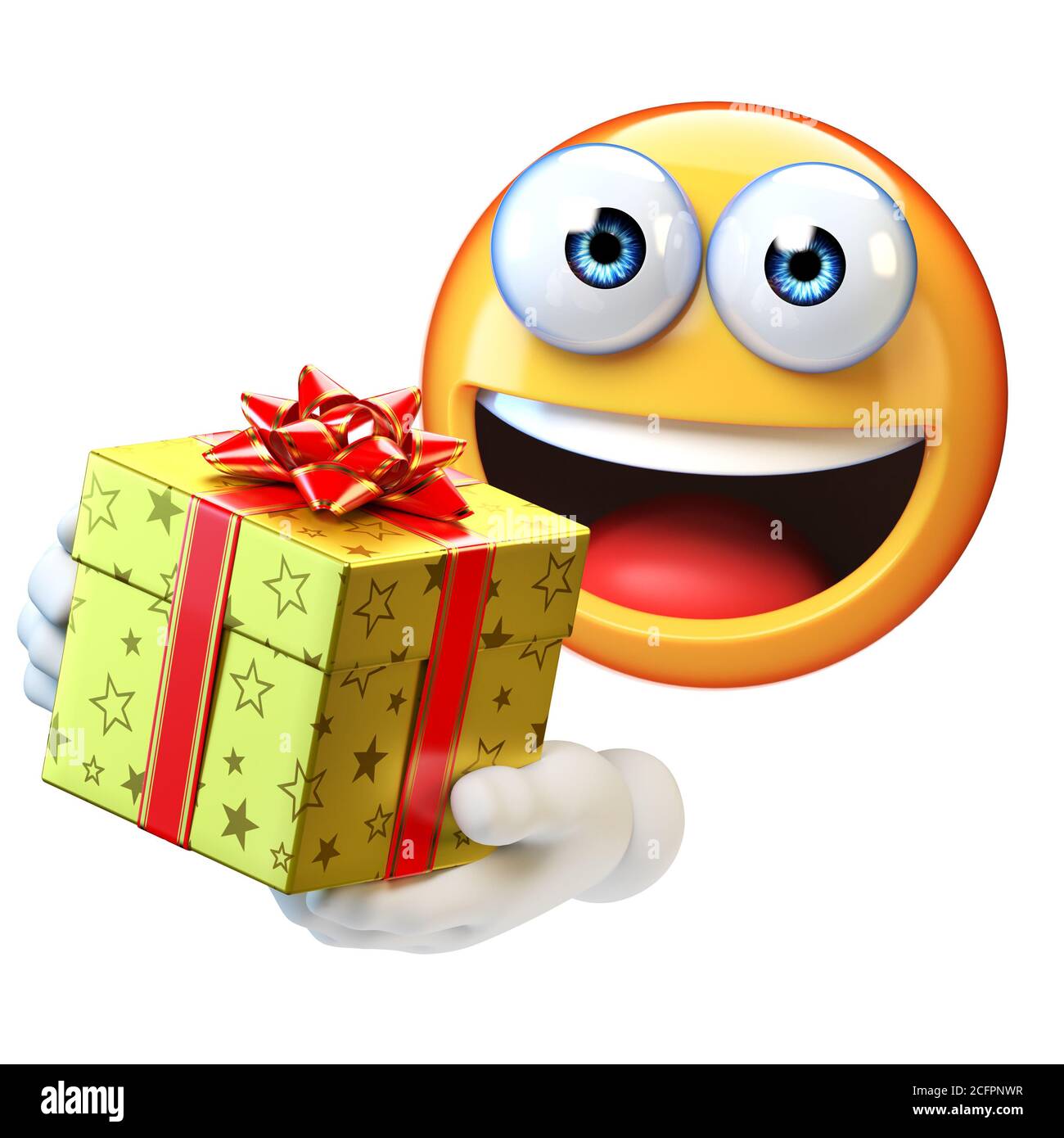Emoji hält präsent, Emoticon mit Geschenkbox, 3d-Rendering ...