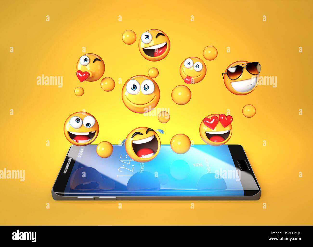 Emojis rund um Handy, Smartphone-Messaging mit Emoticons 3d-Rendering ...