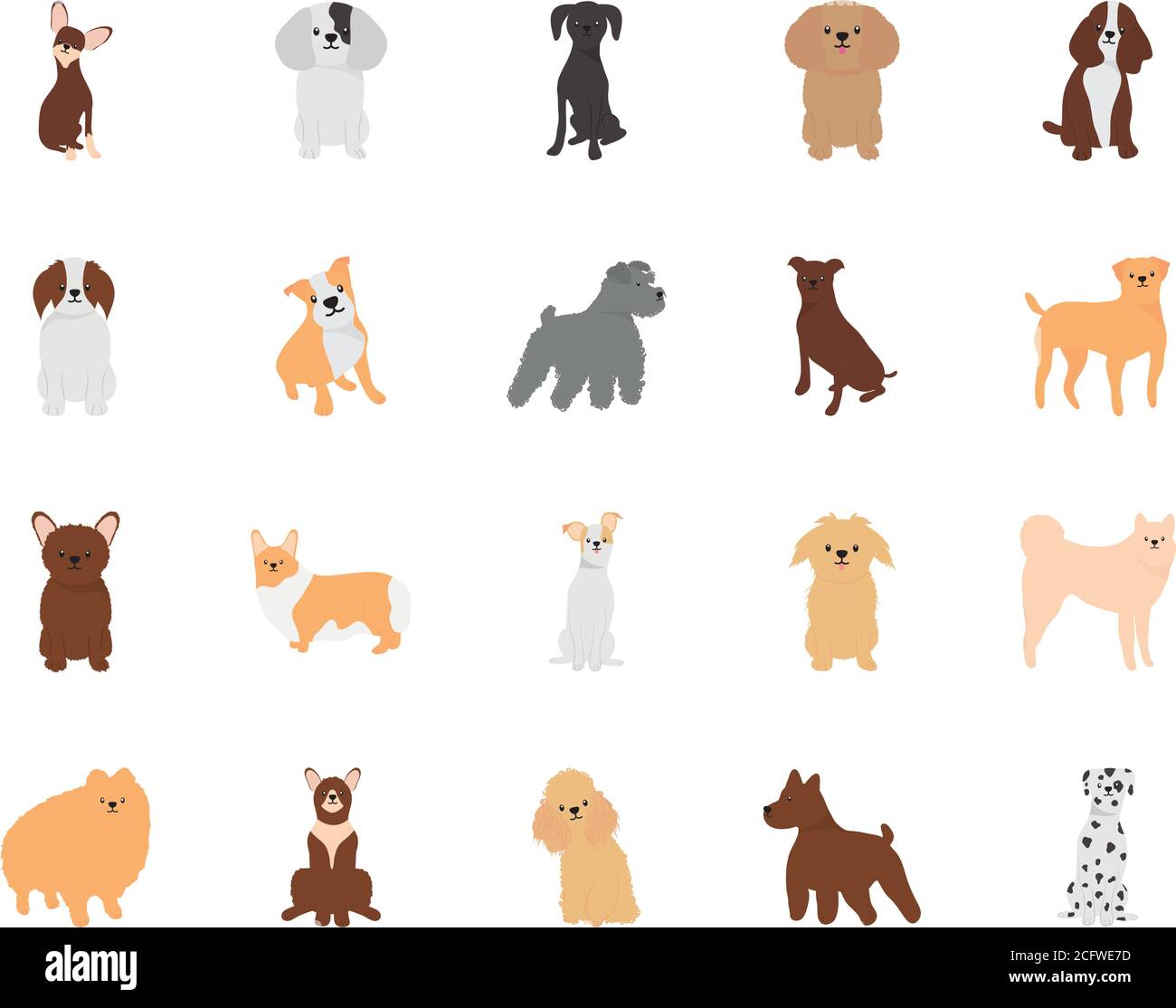 Icon Set von Cartoon-Hunde und Pudel auf weißem Hintergrund, flachen ...