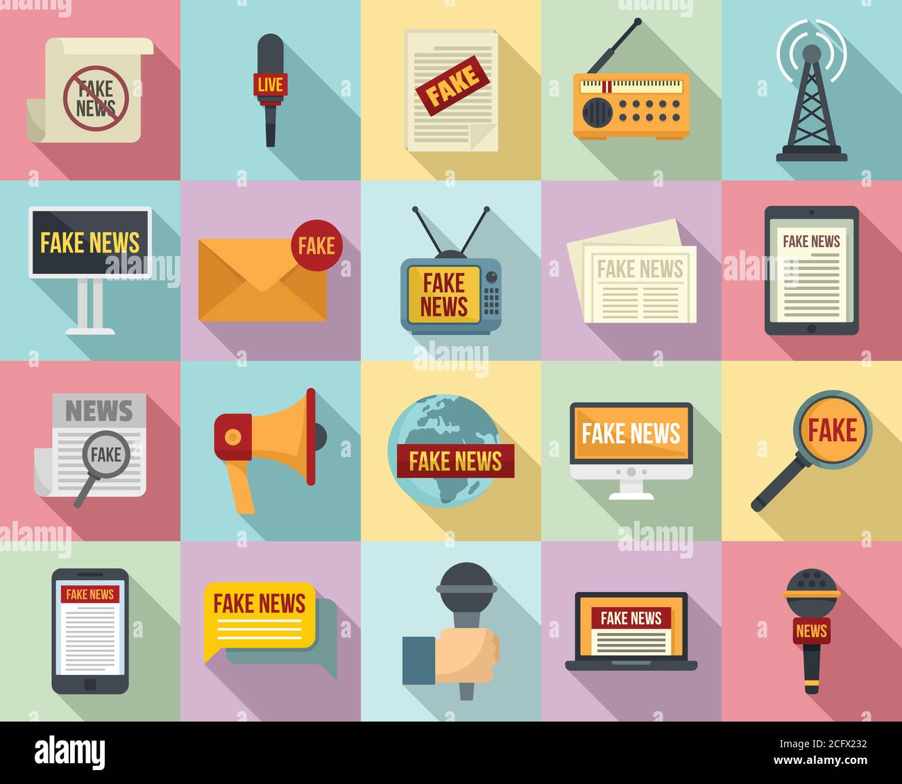 Fake News Symbole gesetzt. Flacher Satz von Fake News Vektor-Symbole ...