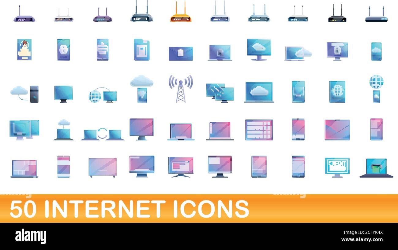 50 Internet-Symbole eingestellt. Cartoon Illustration von 50 Internet ...