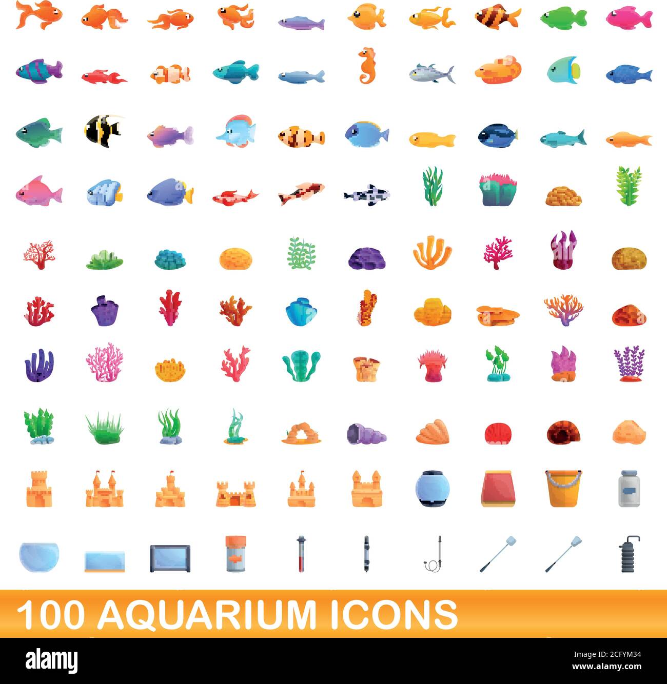 100 Aquarium Icons Set. Cartoon-Illustration von 100 Aquarium Symbole ...