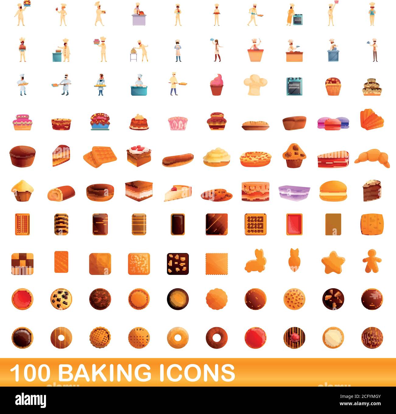 100 backen Symbole gesetzt. Cartoon Illustration von 100 backen Symbole ...