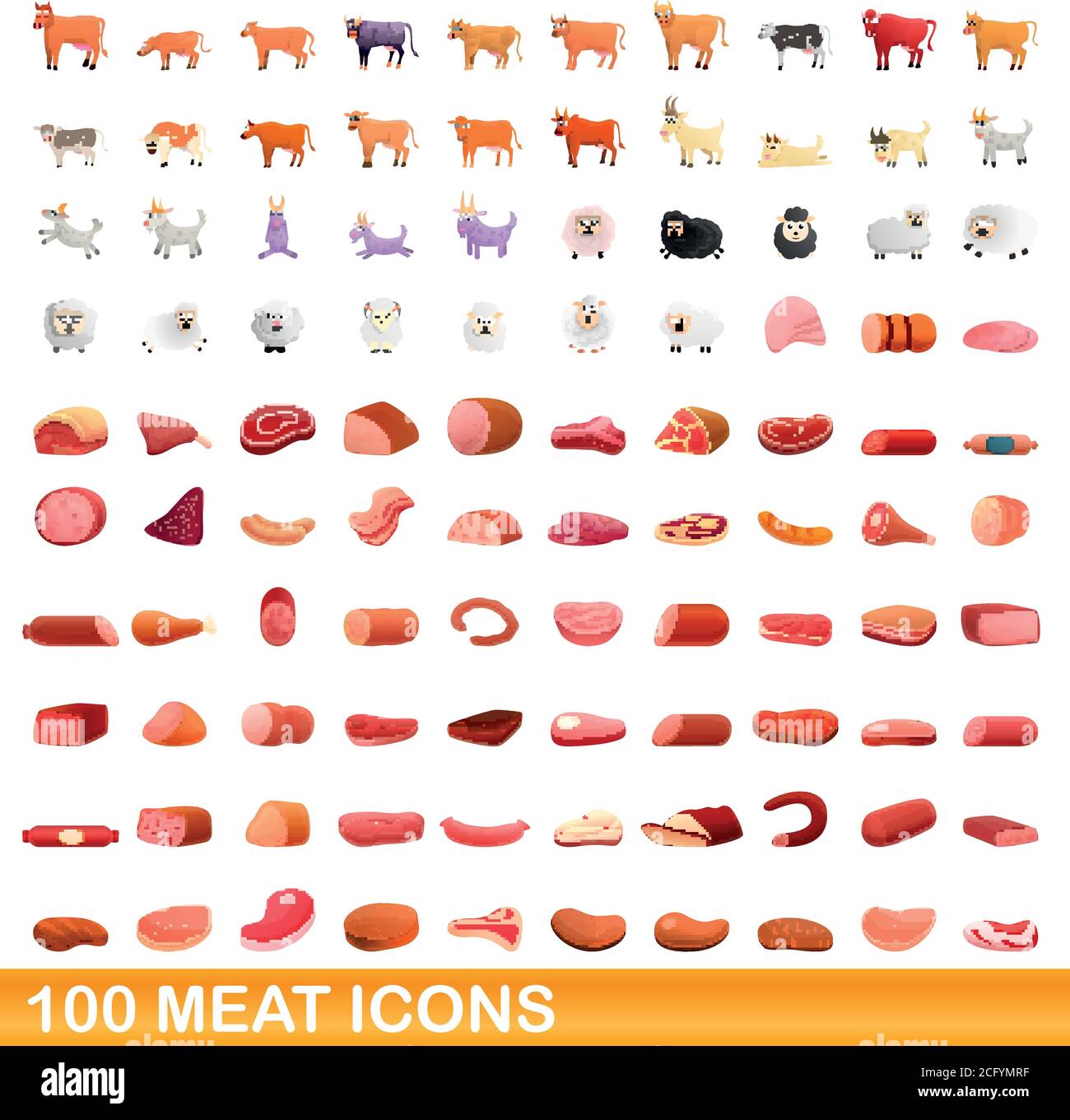 100 Fleisch Icons Set. Cartoon-Illustration von 100 Fleisch Symbole ...