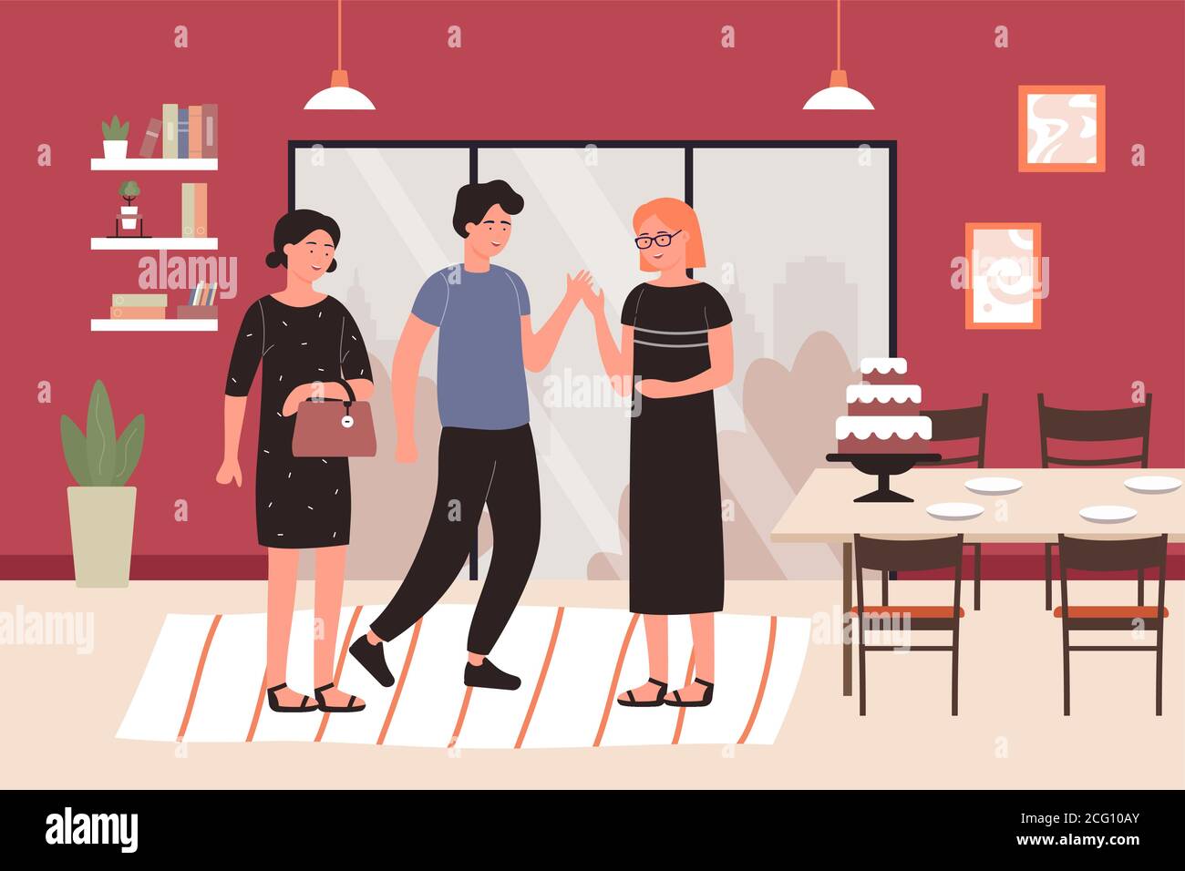 Vektorgrafik für Heimparty-Meetings. Cartoon junge Menschen, die Spaß ...