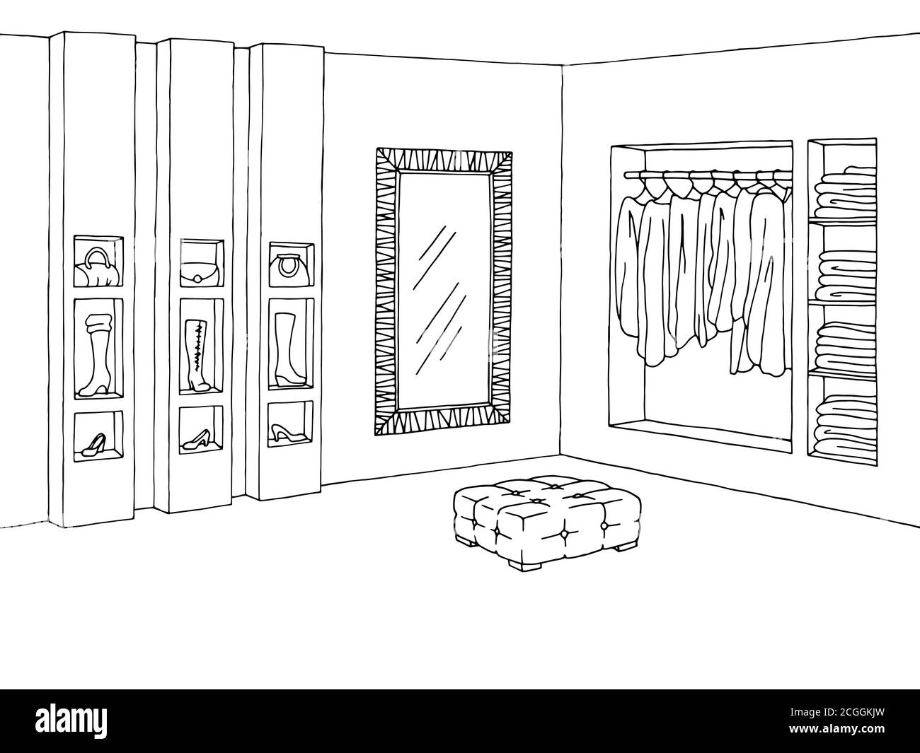 Shop Interior Grafik schwarz weiß Skizze Illustration Vektor Stock ...