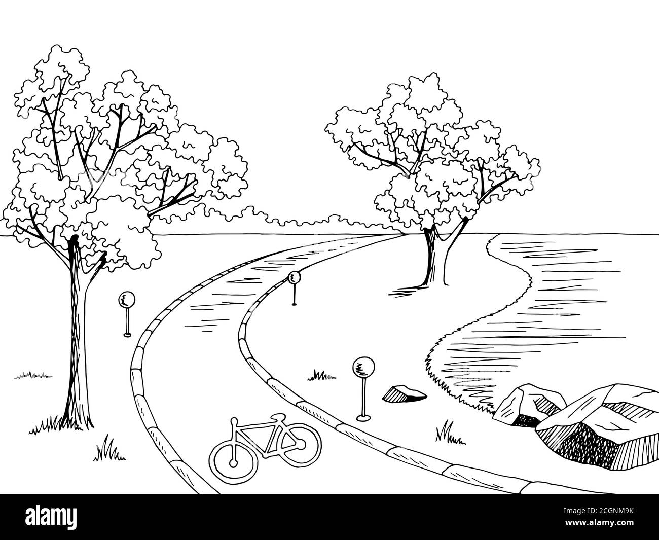 Park Fahrrad Pfad Grafik schwarz weiß Landschaft Skizze Illustration ...