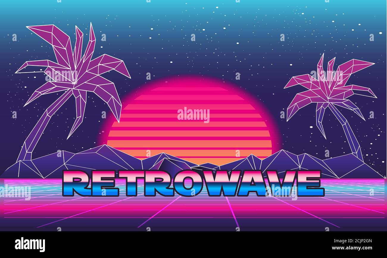 Retro Zukunft, Slogan Give me back 80s, futuristische Landschaft, Berge. Sci-Fi-Hintergrund ...