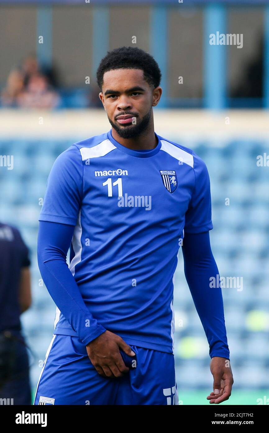 GILLINGHAM, ENGLAND. SEPTEMBER 2020. Trae Coyle von Gillingham beim ...