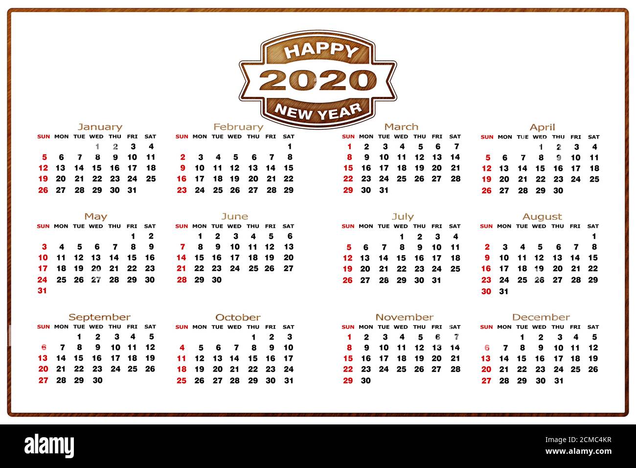 Kalender 2020 Vorlage auf weißem Hintergrund. Woche beginnt am Sonntag ...