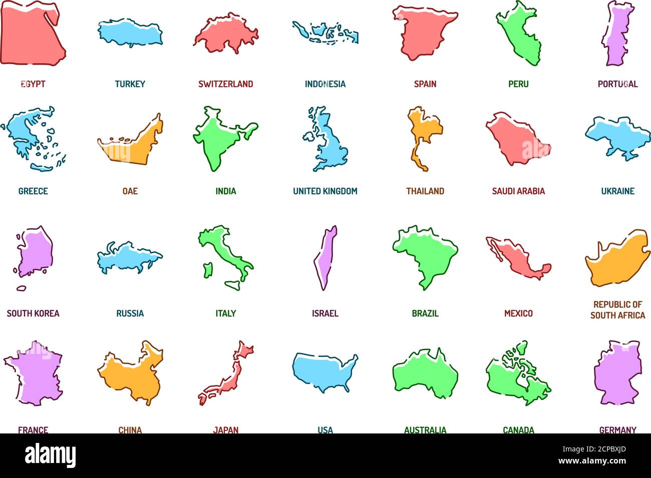 Symbole für Länderfarben eingestellt. Verschiedene Länder der Welt aus ...