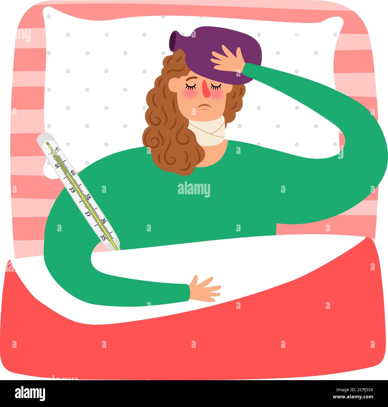 Cartoon kranke Frau liegend im Bett mit Thermometer. Vektor Person im ...