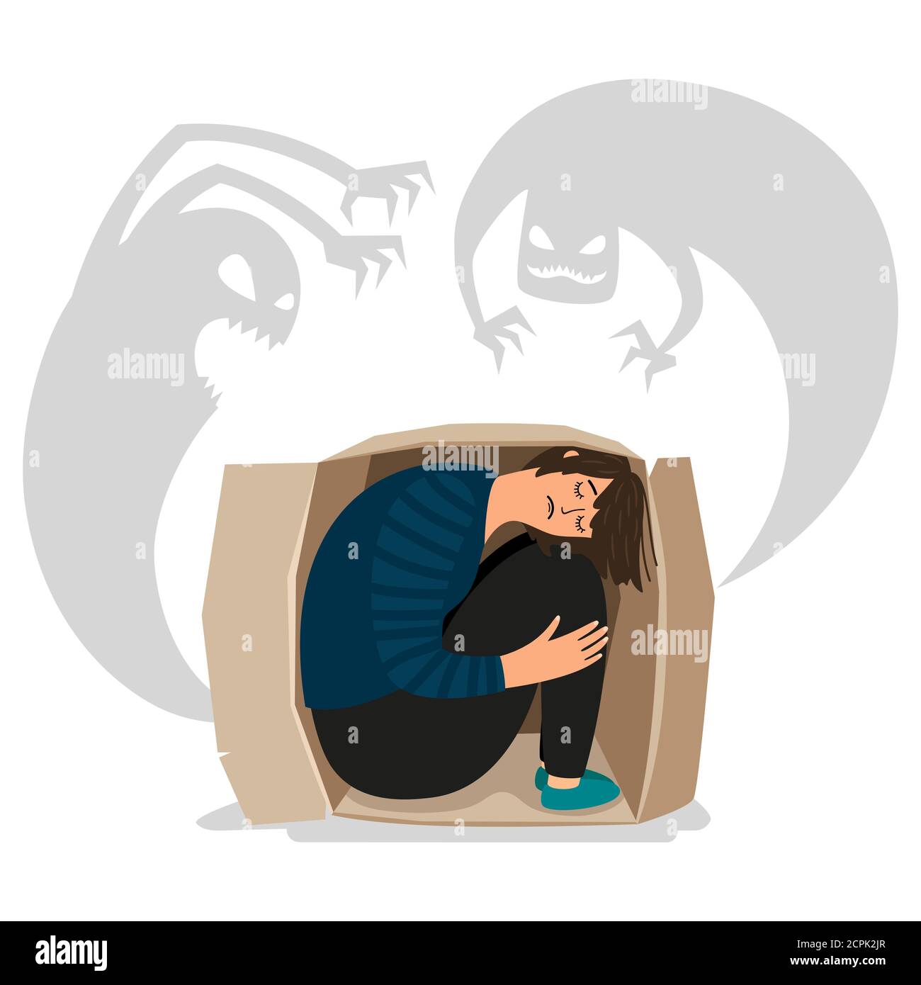 Scary depressive Monster und traurige Mädchen Vektor-Illustration ...