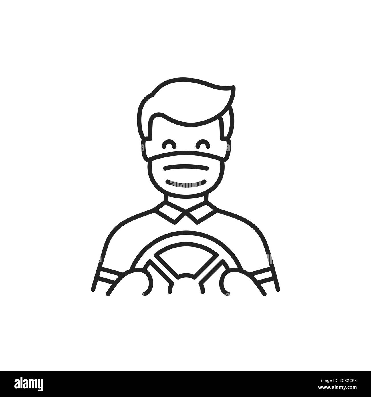 Maskierter Fahrer fährt schwarze Linie Symbol. Sicheres Reisen ...