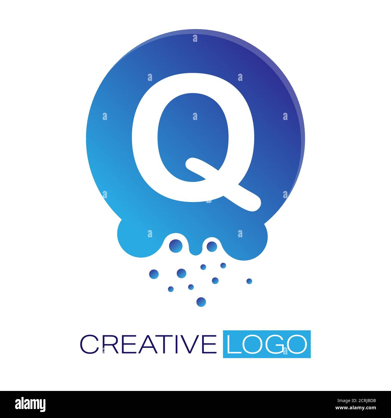 Kreatives Logo. Der Buchstabe Q auf einem runden Punkt mit Spritzern ...