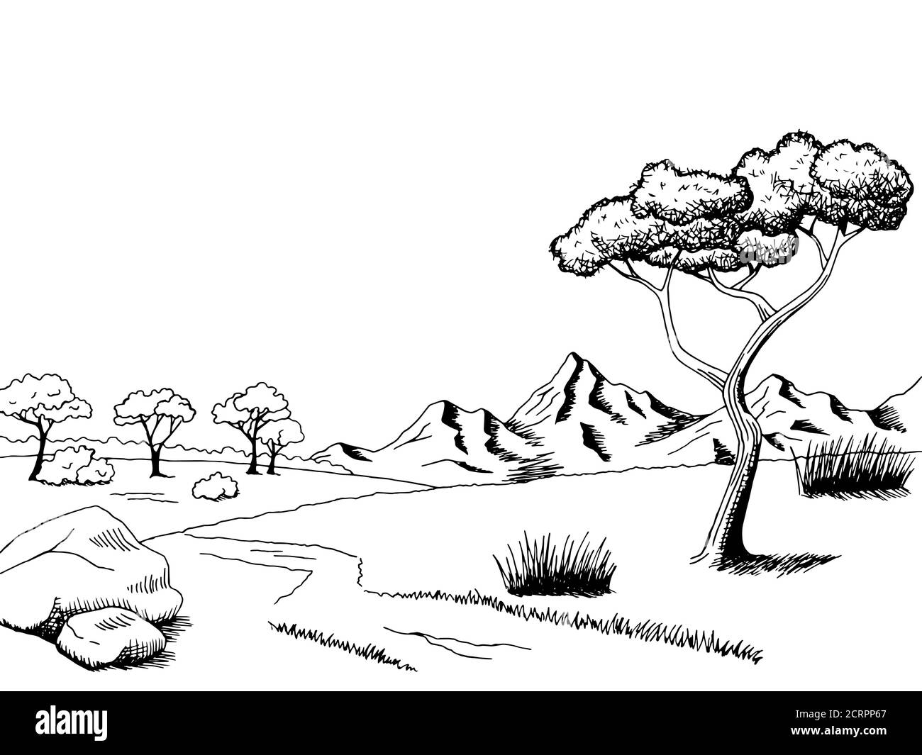 Savannah Pfad Grafik Kunst schwarz weiß Landschaft Skizze Illustration ...