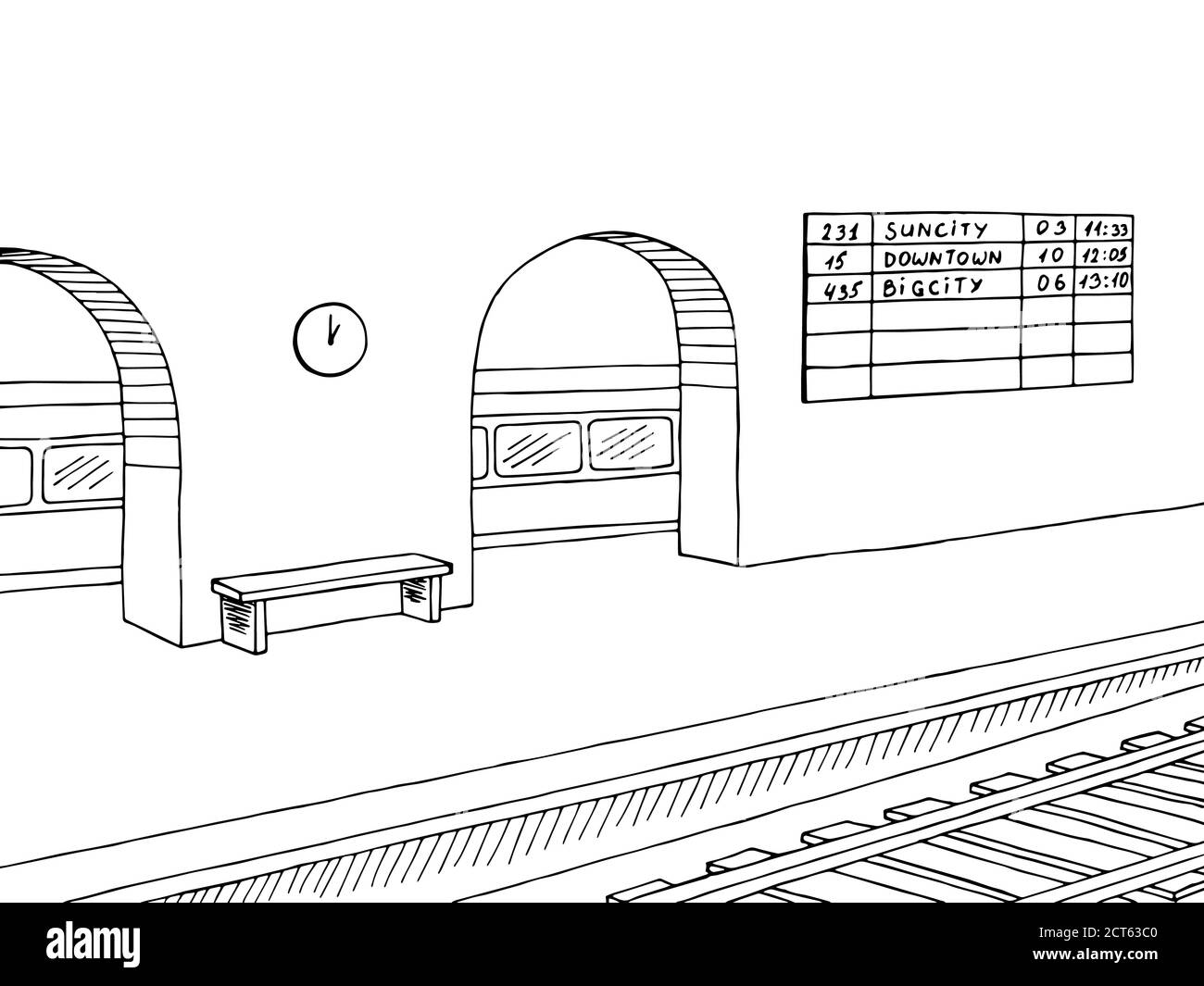 Bahnhof Bahnsteig Zug Grafik schwarz weiß Skizze Illustration Vektor ...