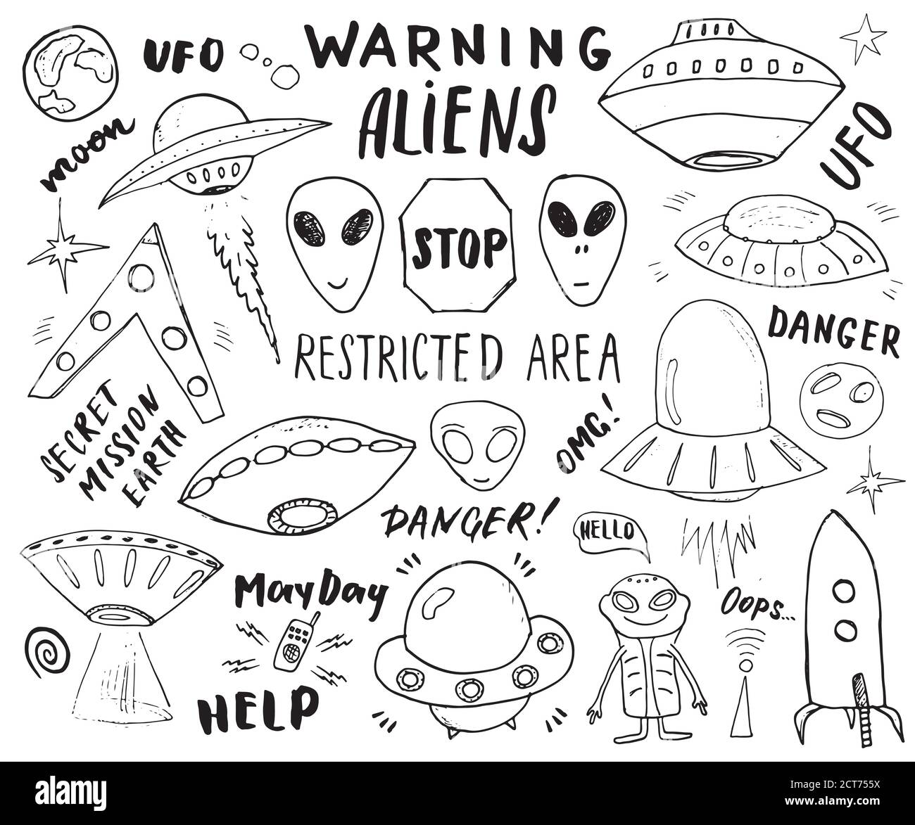 Aliens und UFO handgezeichnete Skizze Set. Cute Cartoon Alien ...