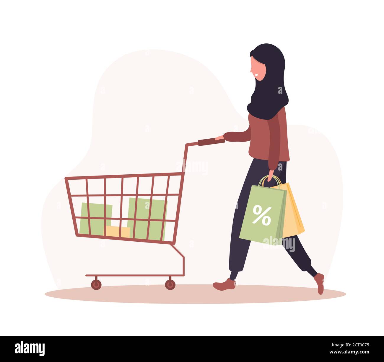 Frau beim Einkaufen. Happy arab Mädchen mit Wagen und Taschen. Vektor ...