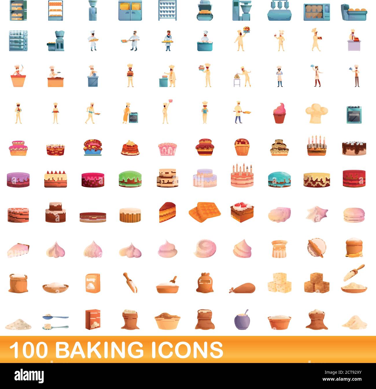 100 backen Symbole gesetzt. Cartoon Illustration von 100 backen Symbole ...