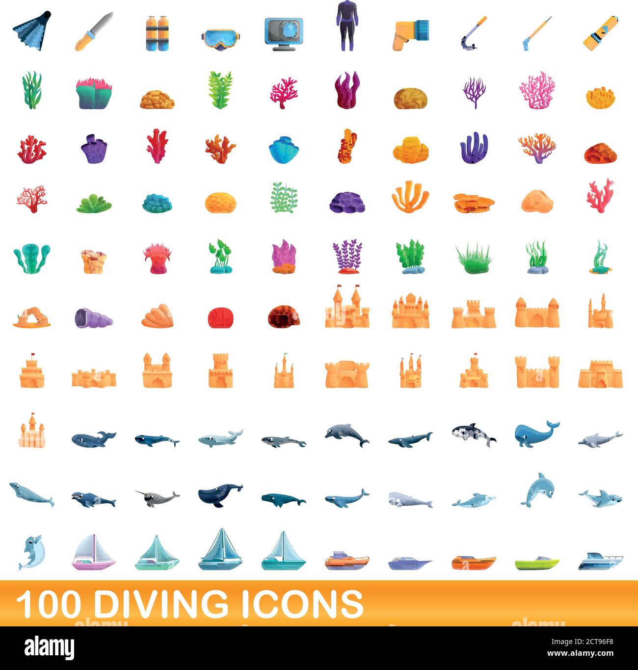 100 Tauchsymbole Set. Cartoon Illustration von 100 Tauchen Symbole ...