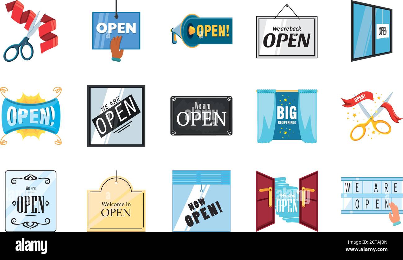 Wir sind offen detaillierte Stil Satz von Icons Design von Shopping und ...