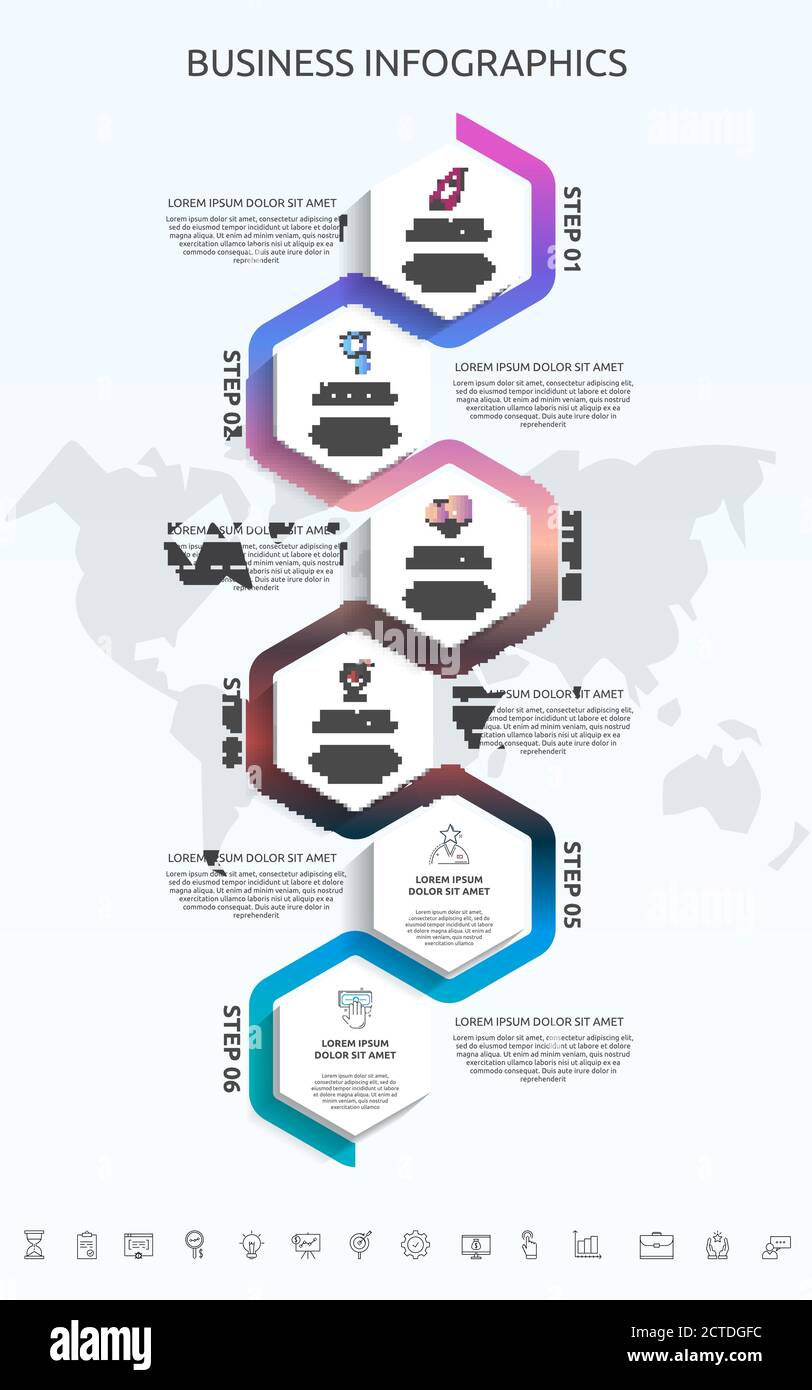 Vektor-Infografik-Schablone Sechsecke für sechs Symbole, Diagramm ...