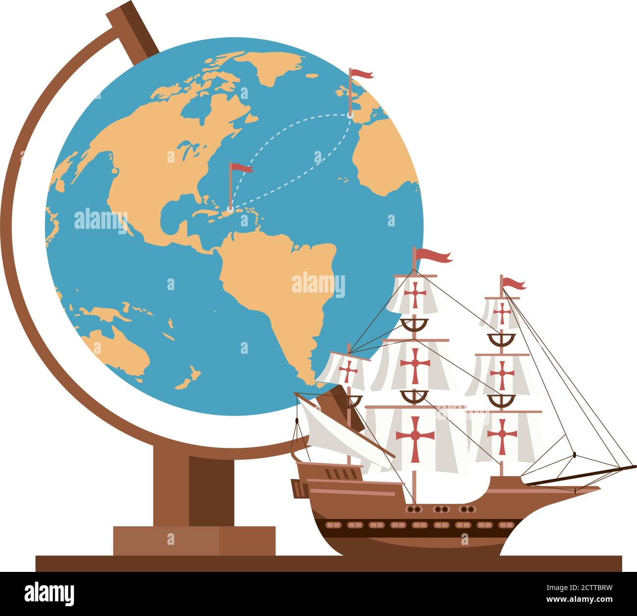 Welt Erde Karte mit Karavellschiff Vektor Illustration Design Stock ...