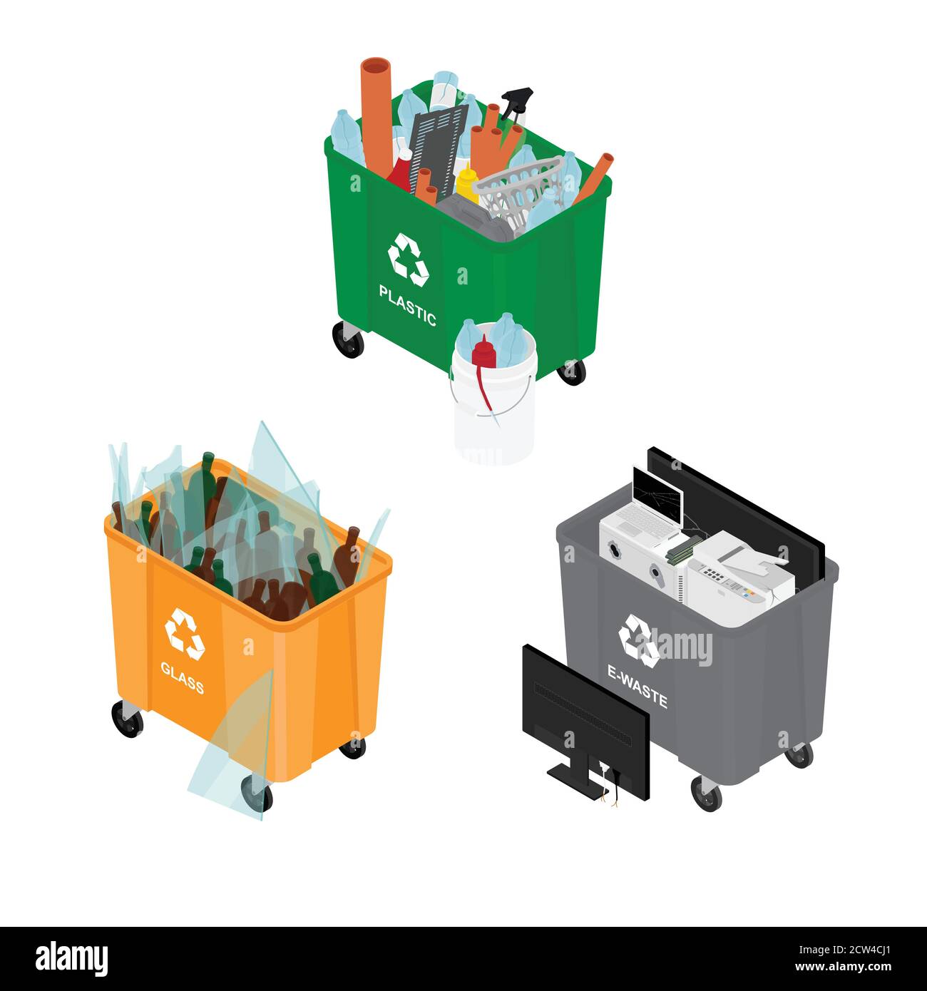 Abfall in Mülltonnen mit sortiert Müll Vector Icons. Recycling ...