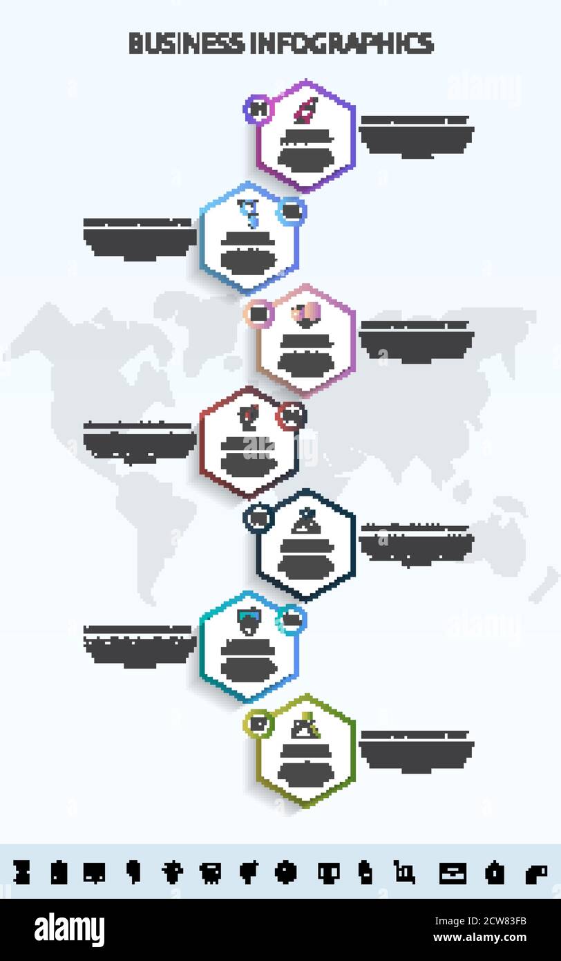Infografiken-Sechseck mit sieben Kreisen, Beschriftungen. Vektorvorlage ... Infografiken-Sechseck mit sieben Kreisen, Beschriftungen. Vektorvorlage ...