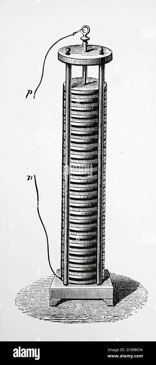 Gravur mit Alessandro Voltas Stapel: Die erste elektrische Batterie aus ...