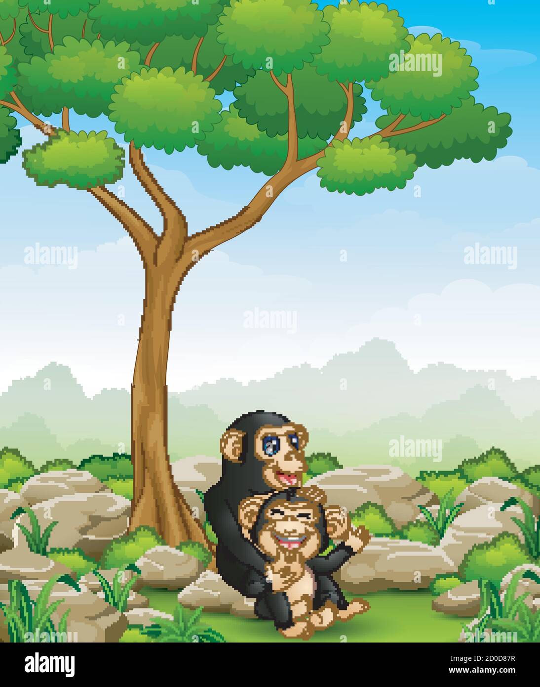 Vektor-Illustration von Cartoon Schimpansen Mutter umarmt ihr Baby ...