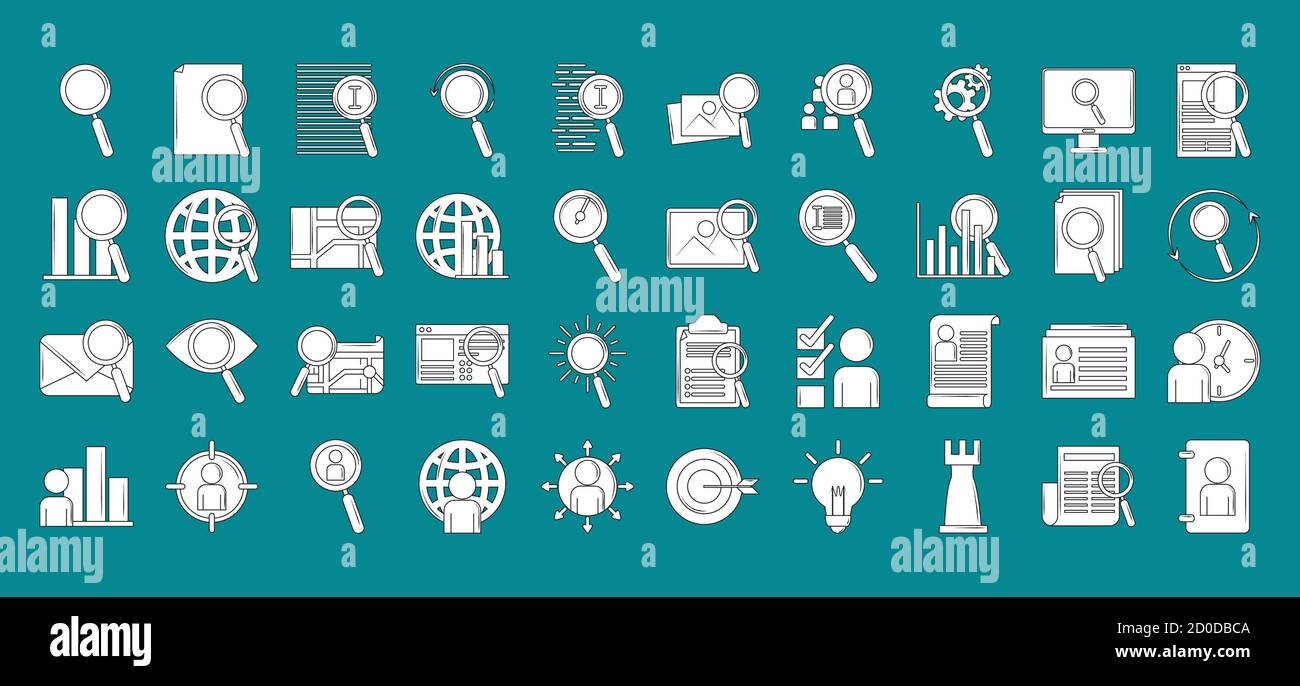 suche Symbole, Lupe Forschung Internet Piktogramm Set dünne Linie Stil ...