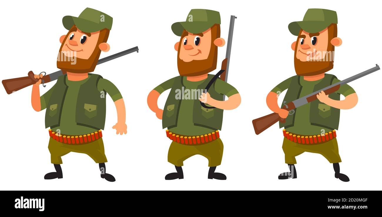 Jäger in verschiedenen Posen. Männliche Figur im Cartoon-Stil Stock ...