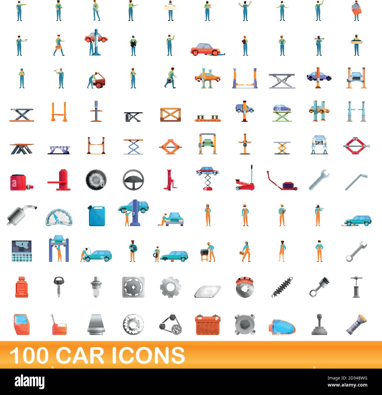 100 Auto-Symbole eingestellt. Cartoon-Illustration von 100 Auto-Symbole ...