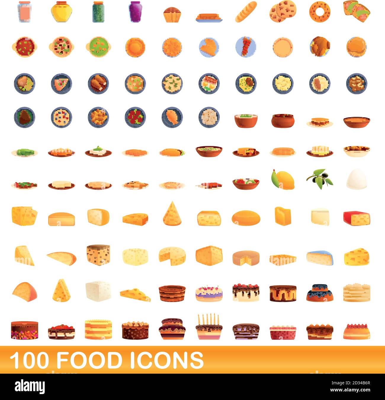 100 Essen Symbole gesetzt. Cartoon Illustration von 100 Essen Symbole ...