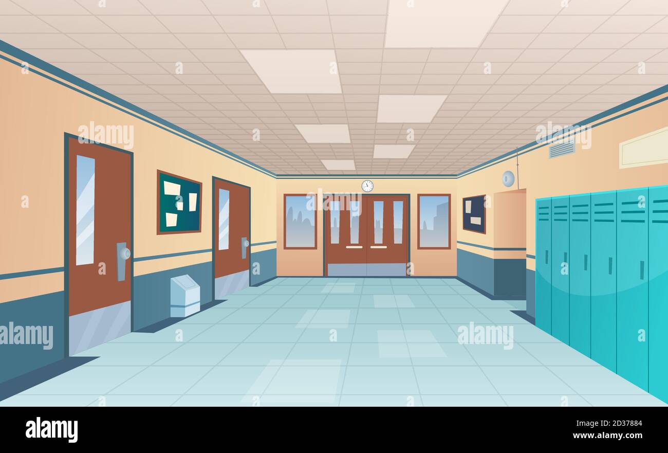 Schulflur. Helle College-Interieur von großen Flur mit Türen ...