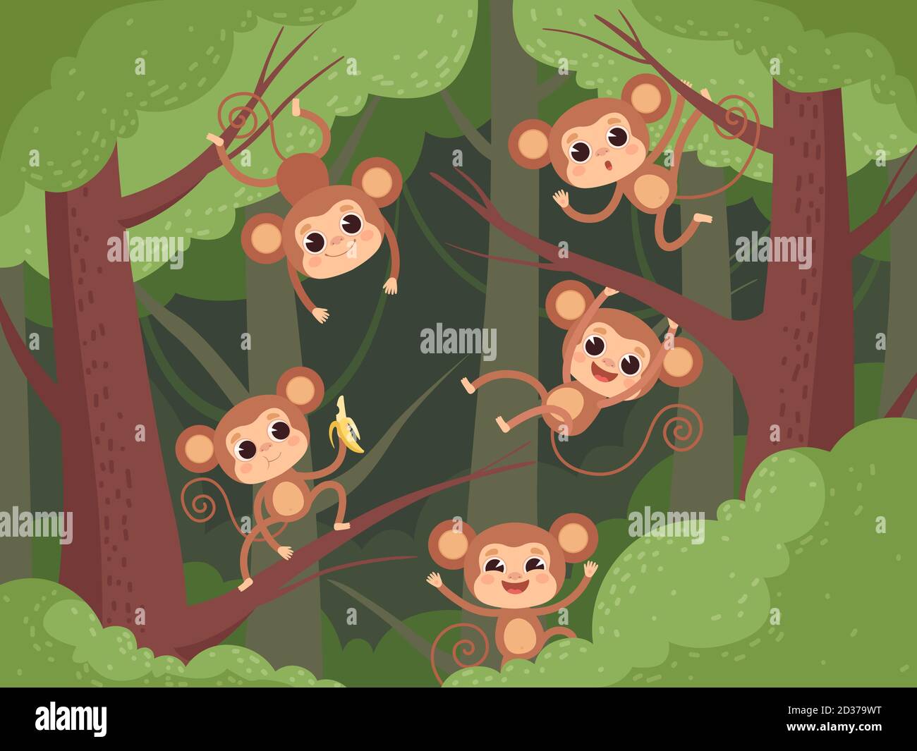 Affe im Dschungel. Wilde kleine Tiere spielen auf Baum und Liane und ... Affe im Dschungel. Wilde kleine Tiere spielen auf Baum und Liane und ...
