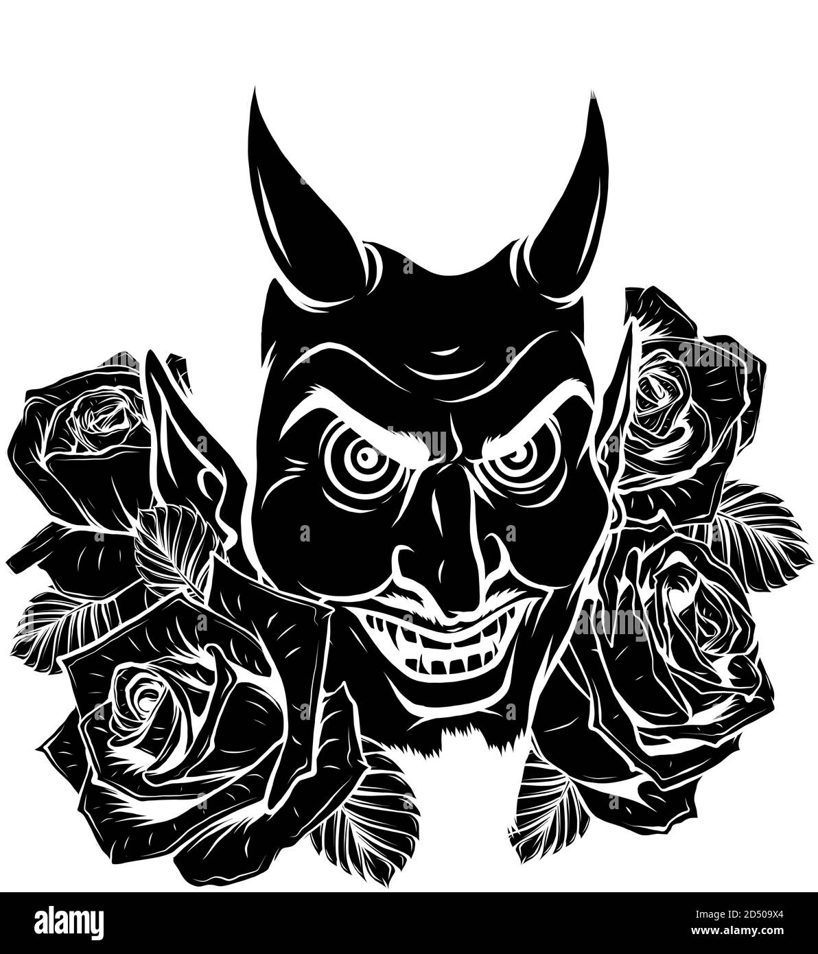 Böse Gesicht mit roten Rosen. Schwarze Silhouette Illustration Vektor ...